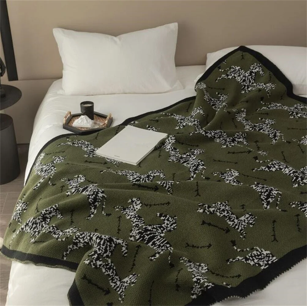 Nordic-Vintage-Dark-Green-Zebra-Knitted-Blanket-Cotton-Bedspread ...