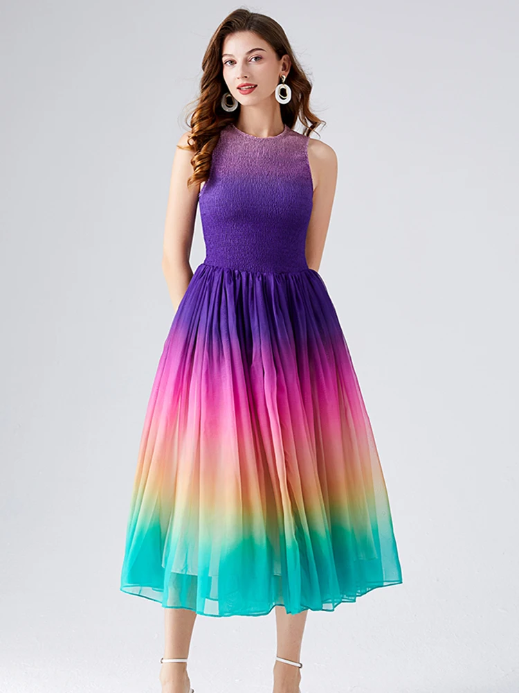 Vintage-Gradient-Color-Rainbow-Dress-Women-O-Neck-Elegant-Sleeveless ...