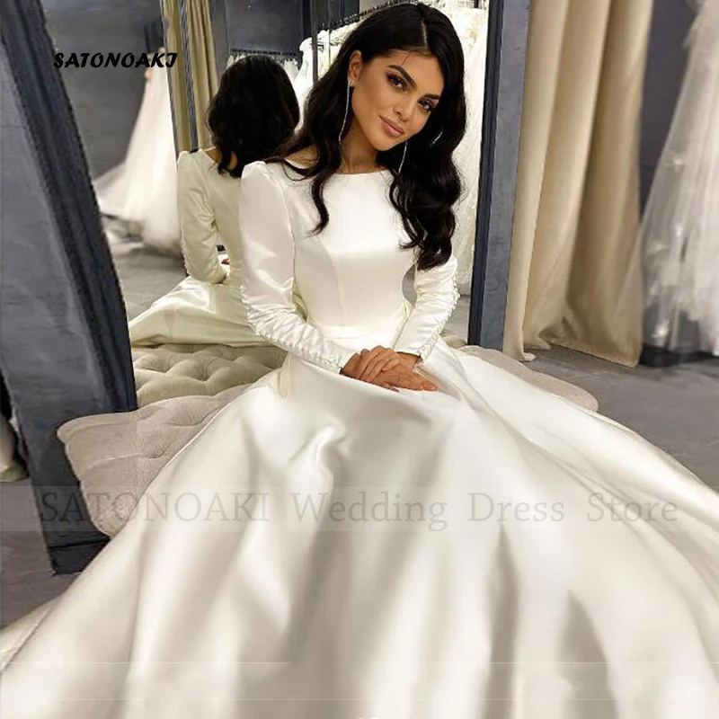 Elegant Simple Satin Wedding Dress for Women O-Neck A-Line Puff Sleeves ...