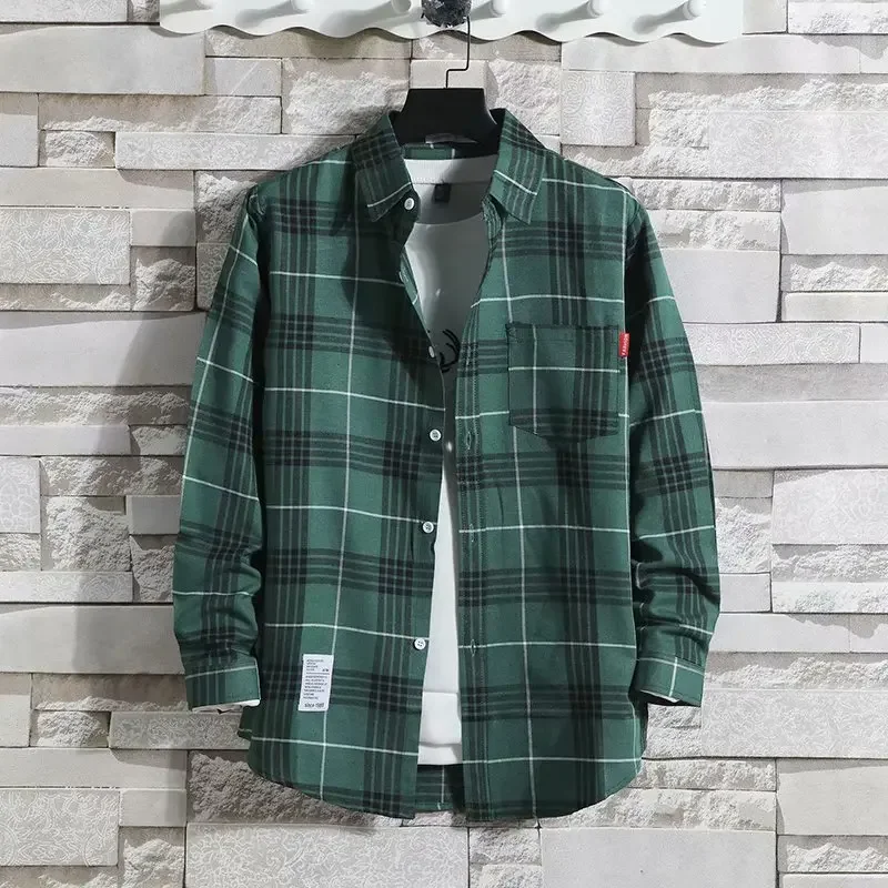 Men-s-Plaid-Long-Sleeve-Korean-Style-Loose-Fit-Trendy-Flowy-Student ...