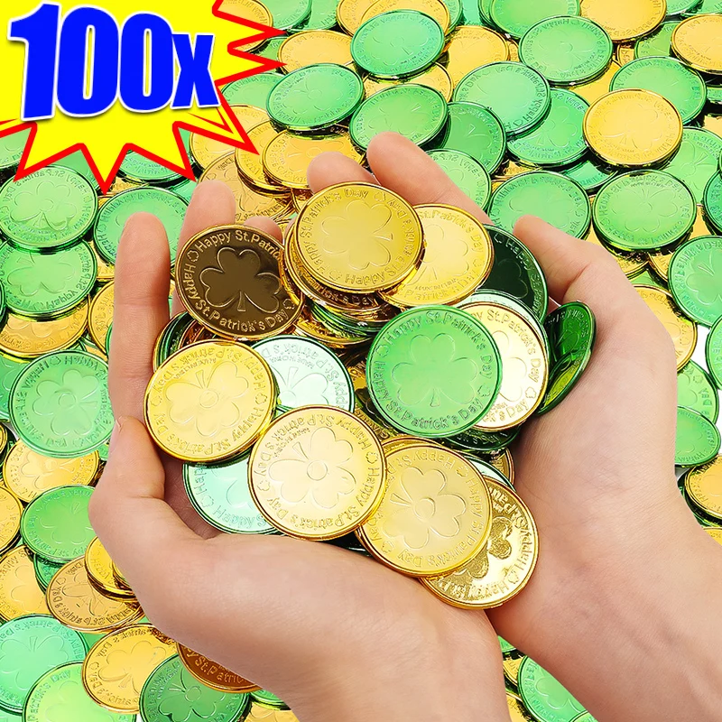 5-100PCS-St-Patrick-s-Day-Gold-Coins-Plastic-Prop-Game-Coins-Clover ...
