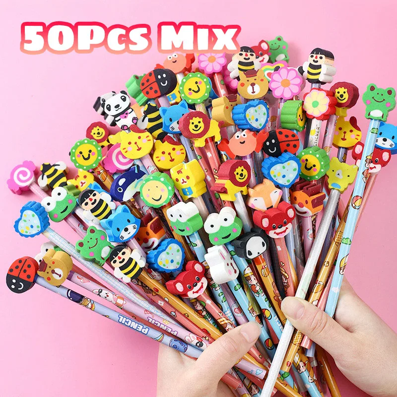 50Pcs-Lot-Cute-Cartoon-Pencil-with-Eraser-Kawaii-Writing-Pen-HB-Drawing ...