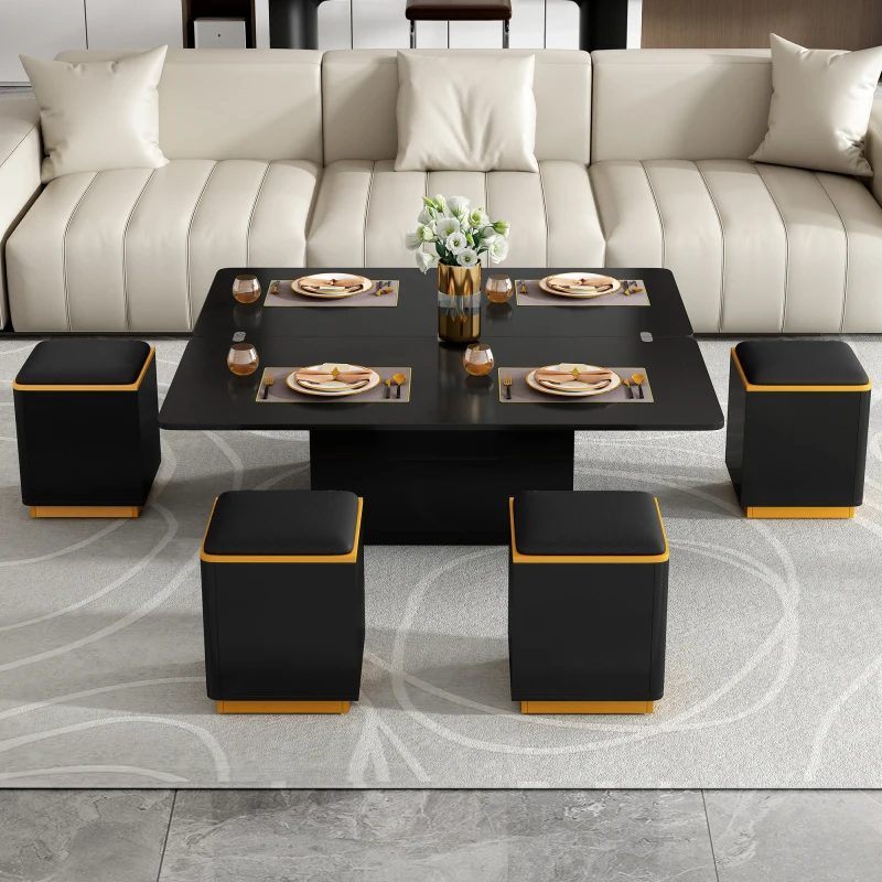 Modern space saving pop-up coffee table with 4 storage stools, foldable ...