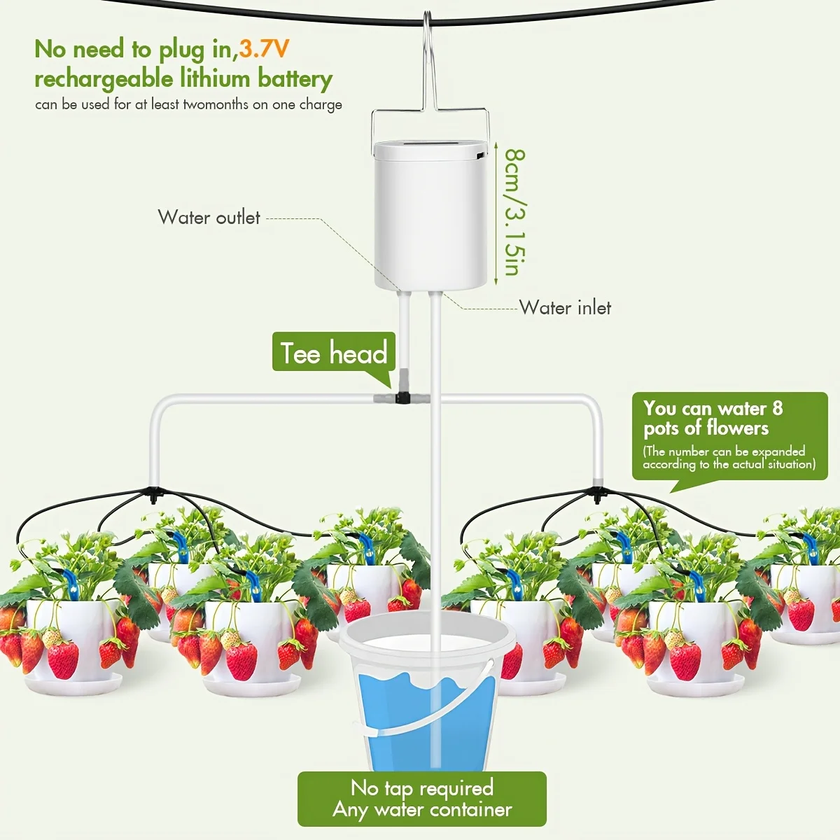 Smart 2/4/8-Head Garden Watering Kit, USB-Powered with Rechargeable ...