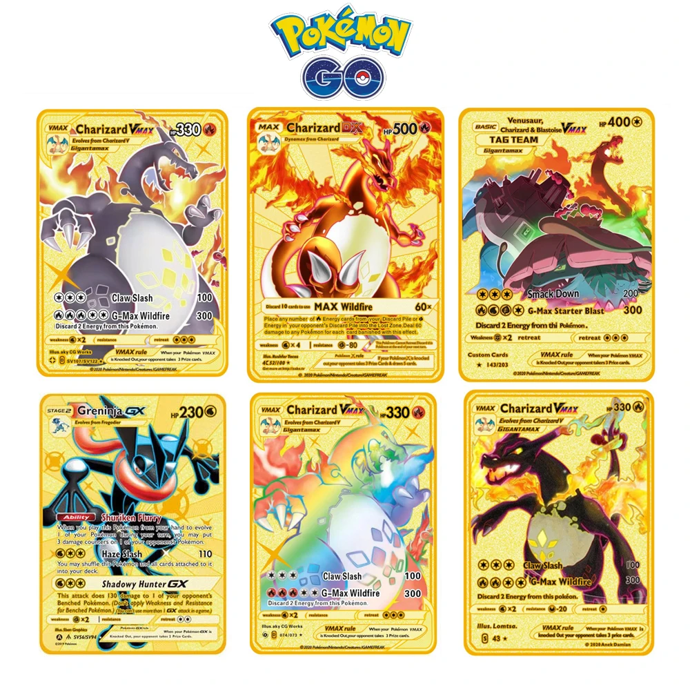Novo-anime-pokemon-cart-o-de-metal-v-cart-o-pikachu-charizard-ouro-vmax ...