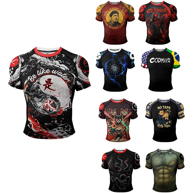 New MMA Kickboxing T-shirts Men No Gi Bjj Jiu Jitsu Rashguard Spandex ...