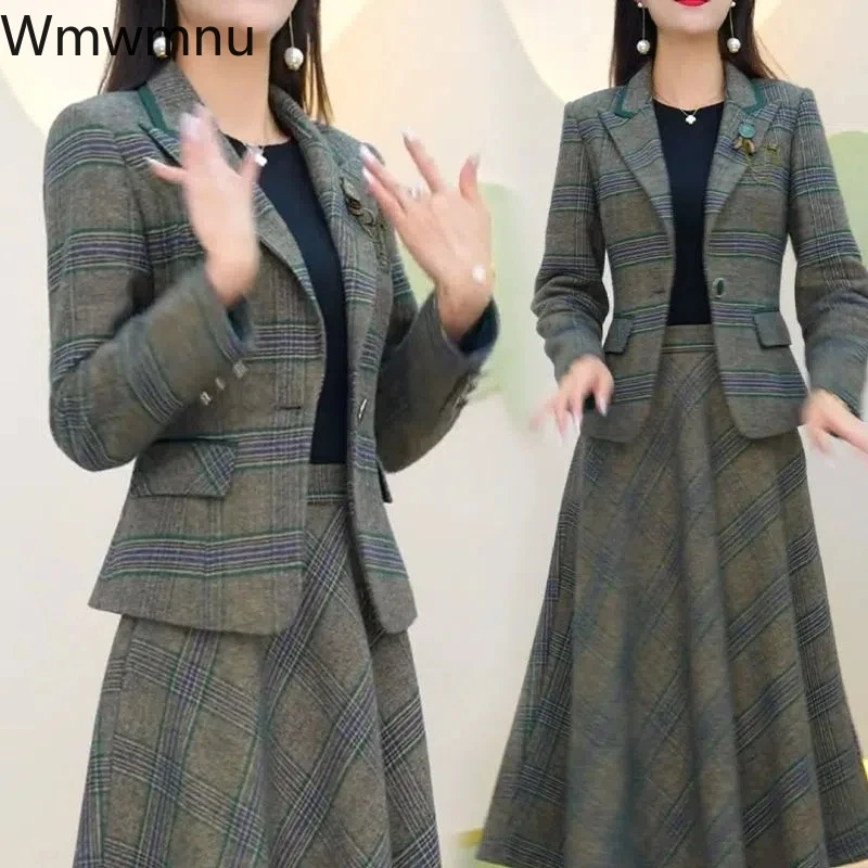 Plaid-Skirts-2-Piece-Set-Elegant-Slim-Blazer-Tops-A-line-Vintage-Skirt ...