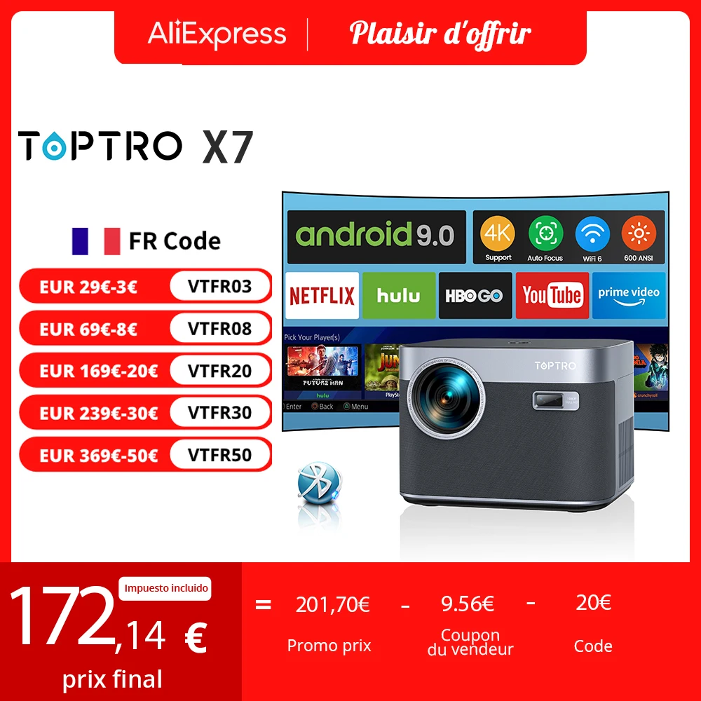 TOPTRO-Projecteur-X7-4K-Android-9-0-16000-Lumens-natif-1080P-WiFi-6 ...