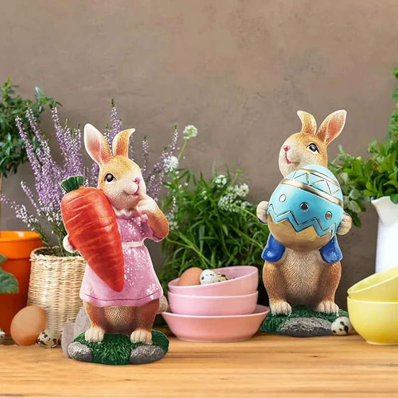 Hand-Painted-Easter-Bunny-Decorations-Figurines-with-Carrot-Egg-Resin ...