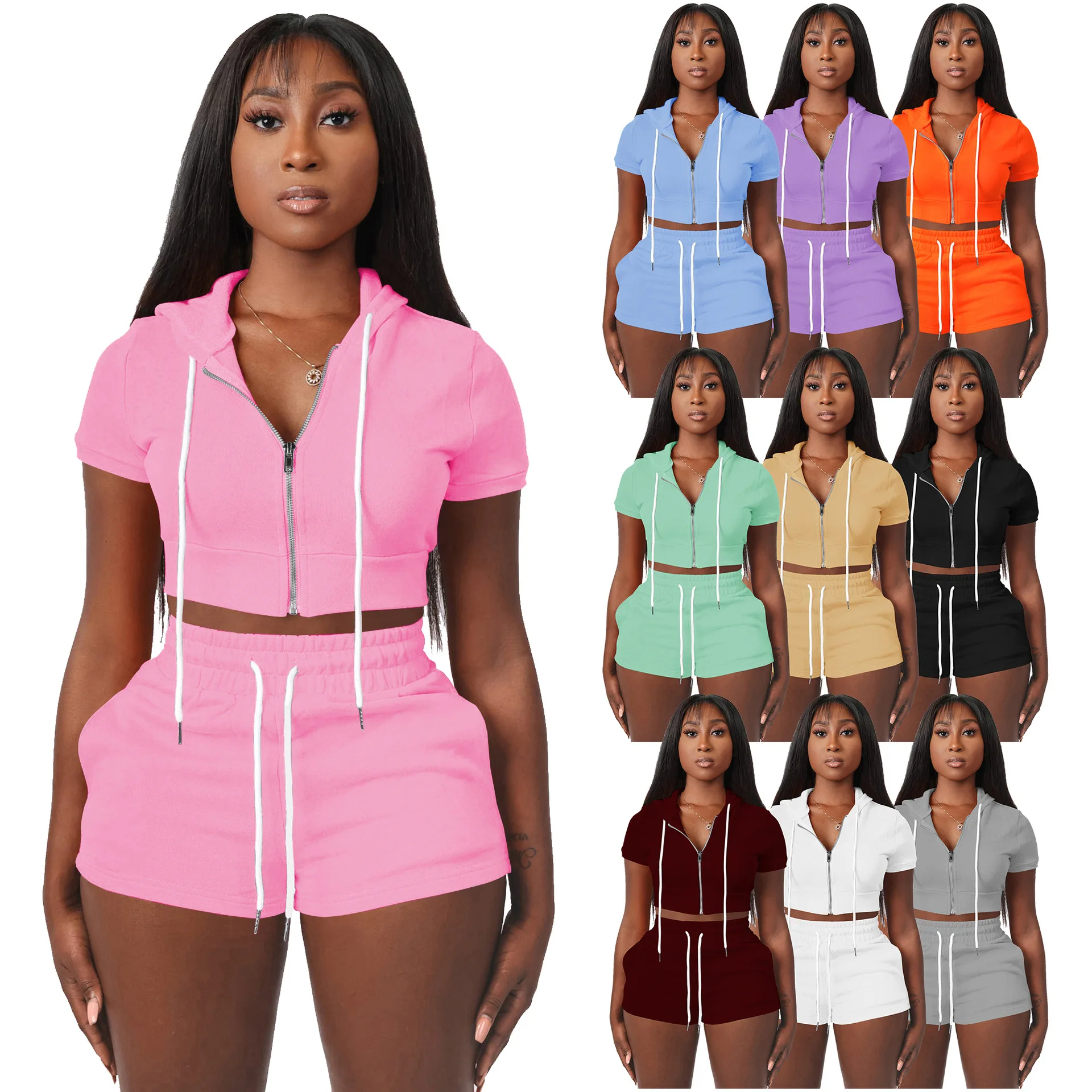 Women's Sexy Two Piece Set Summer Clother Crop hooded Top and Bodycon ...