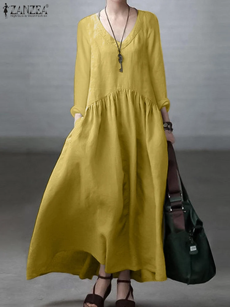 2023 ZANZEA Elegant Women Autumn V Neck Long Sleeve Dress Vintage Solid ...
