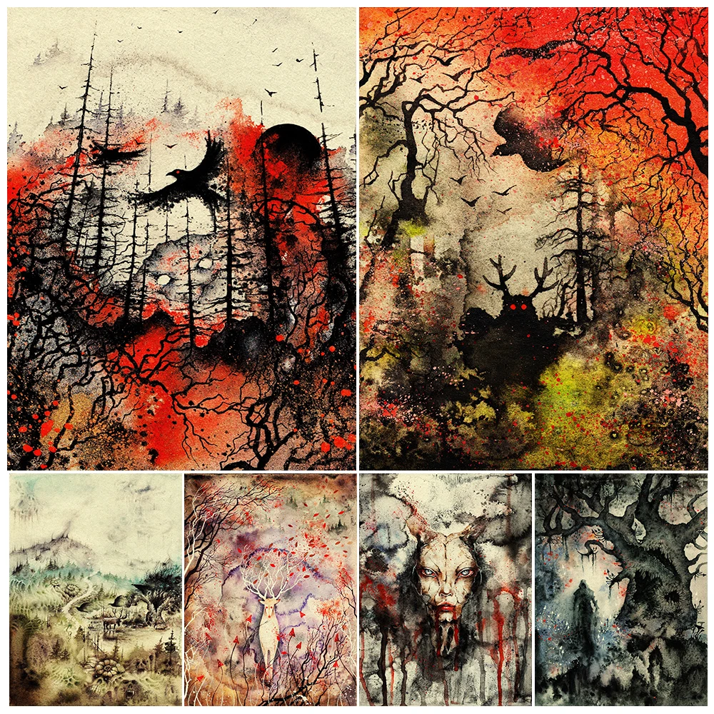 Forest-Spirits-Ghosts-Wolves-Ravens-Vintage-Wall-Art-Canvas-Painting ...