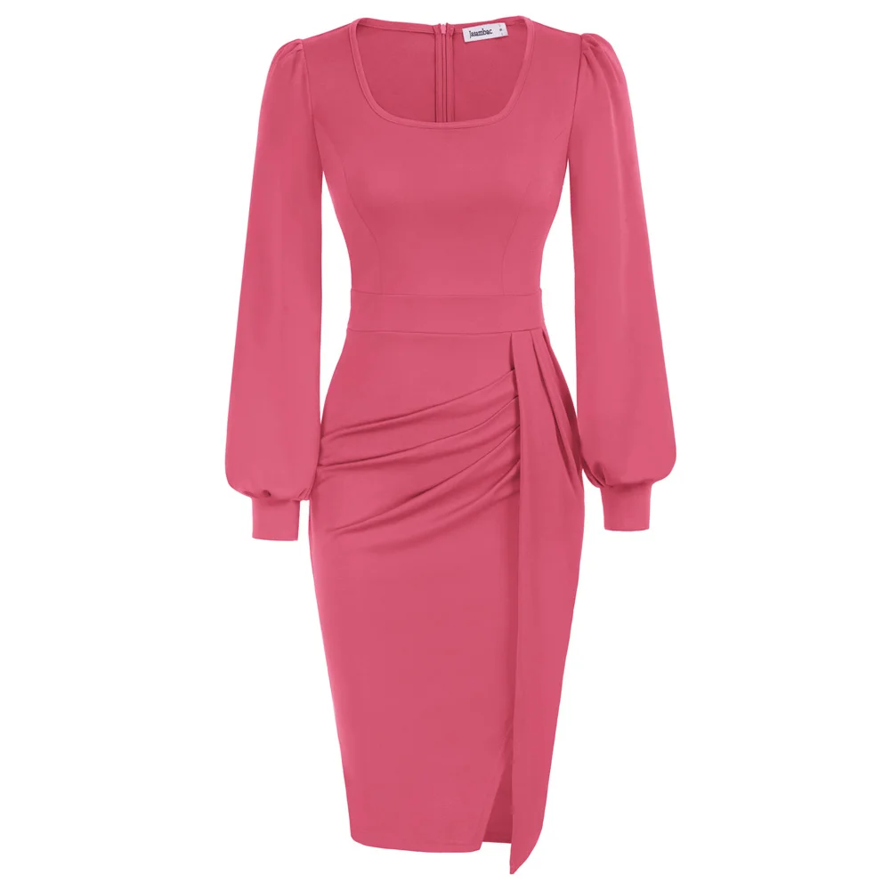 Women Sexy Wrap Hem Dress Ruched Wrap Skirt Ol Ladies Long Sleeve Square Neck Bodycon Slitjpeg