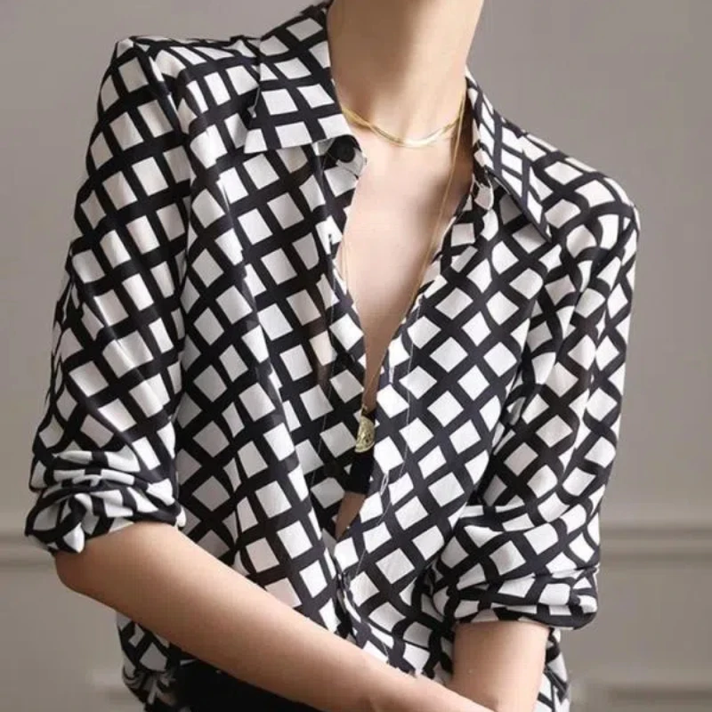 Women-s-Spring-Autumn-Contrast-Color-Turn-down-Collar-Checkered-Long ...