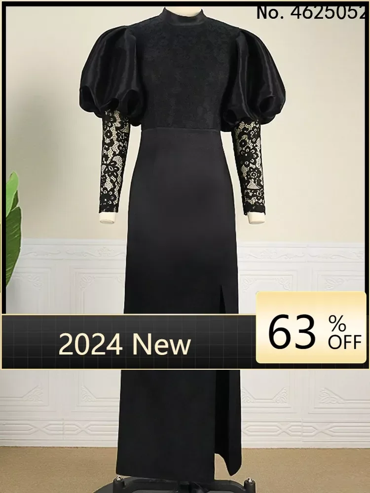 Elegant-Women-Long-Black-Dresses-Formal-Party-Evening-Stand-Neck-Fluffy ...