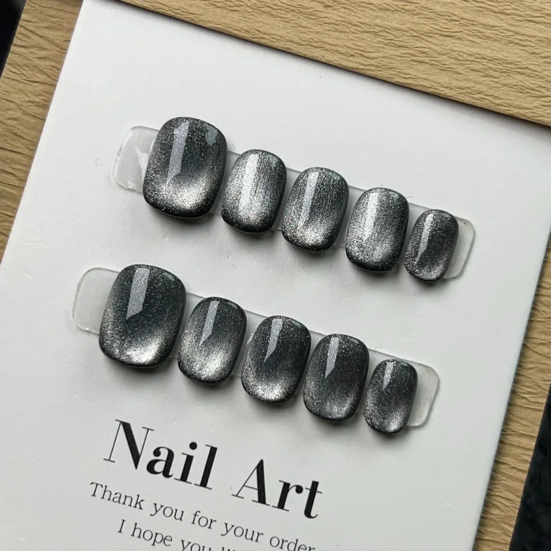 10Pcs Short Handmade Press on Nails Black Cat Eye Fake Nails Wearable ...