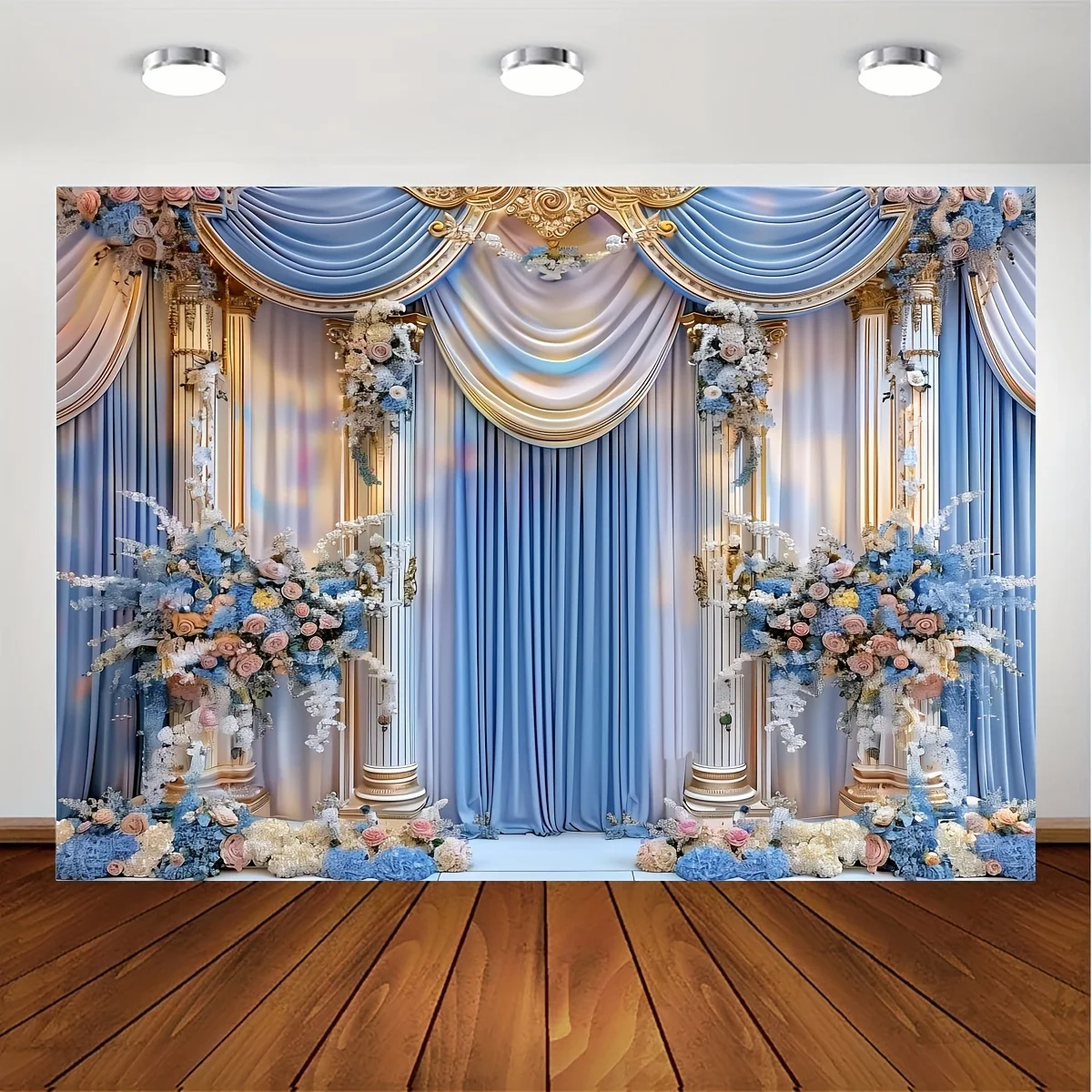 Blue-and-white-fortress-palace-wedding-background-with-colorful-flowers ...