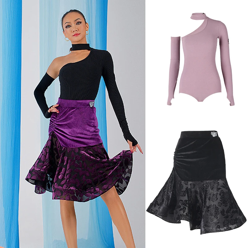 Irregular-Sleeves-Latin-Top-Velvet-Dancing-Skirt-Women-Latin-Dance ...
