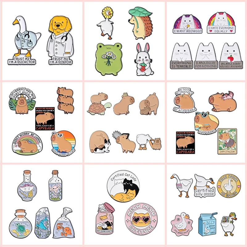 2-6pcs-Cartoon-Animal-Enamel-Pins-Sets-Cute-Dogtor-Cat-Frog-Capybara ...