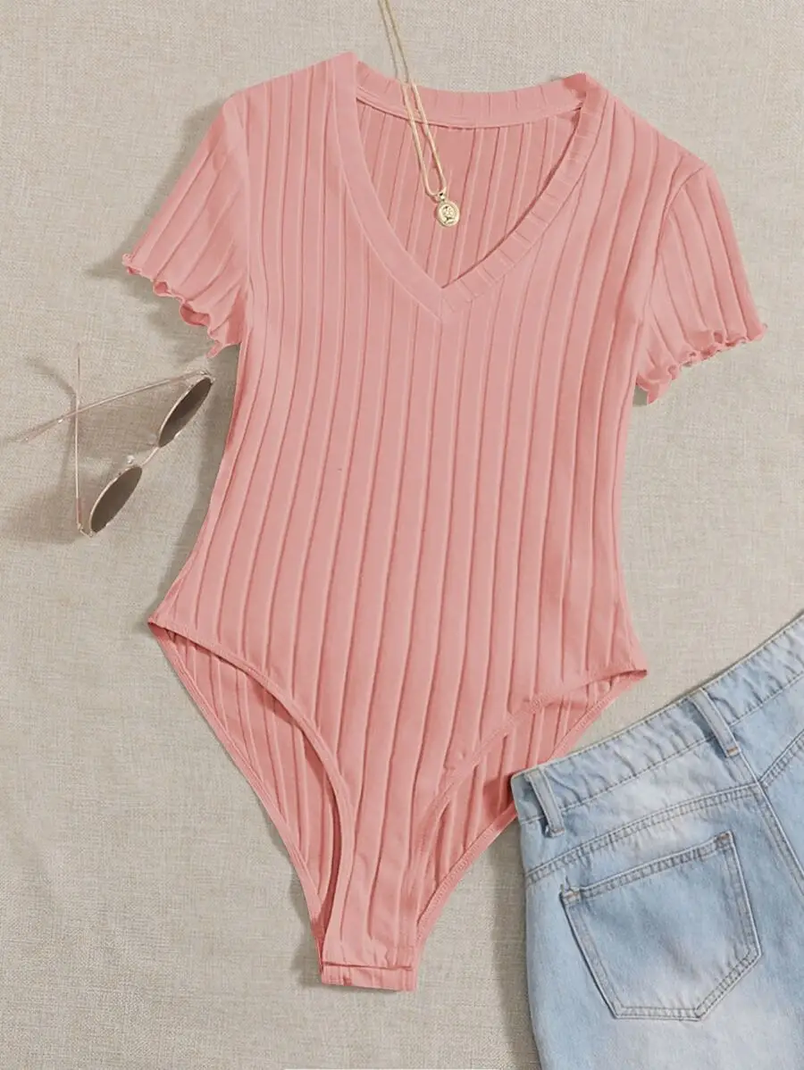 Ribbed-V-Neck-Lettuce-Trim-Bodysuit-Sexy-Short-Sleeve-Slim-Bodysuit-For ...