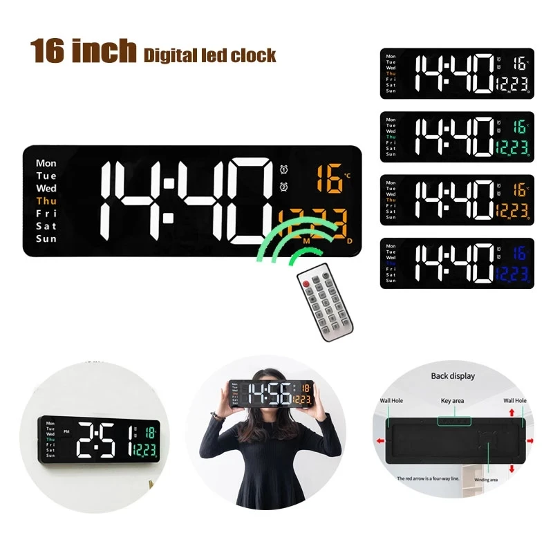 16inch-Large-LED-Digital-Clocks-Remote-Control-Temp-Date-Week-Display ...