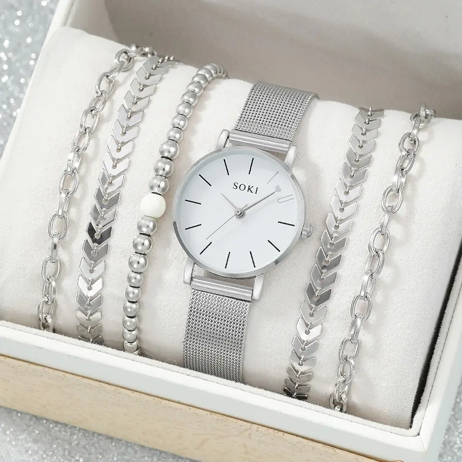 6-piezas-de-Reloj-simple-de-plata-de-cuarzo-con-pulsera-para-mujer ...
