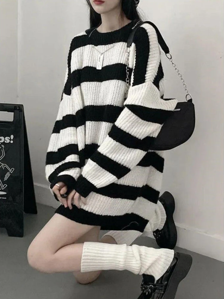 Deeptown Gothic Sweaters Women Harajuku Punk Knitted Stripes Jumper ...