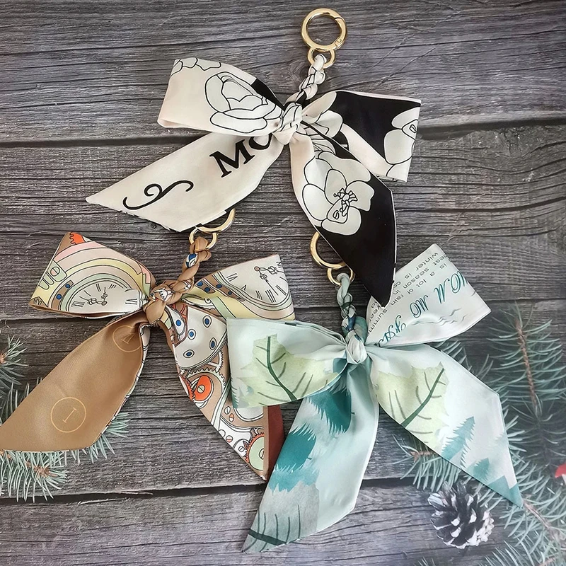 New-Hand-Woven-Soft-Silk-Scarf-Keychain-For-Women-Bag-Ribbon-Bowknot ...