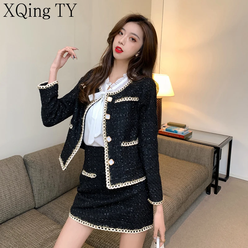 Tweed Two Piece Set Fall Winter New Woolen Black Single Breasted Jacket ...