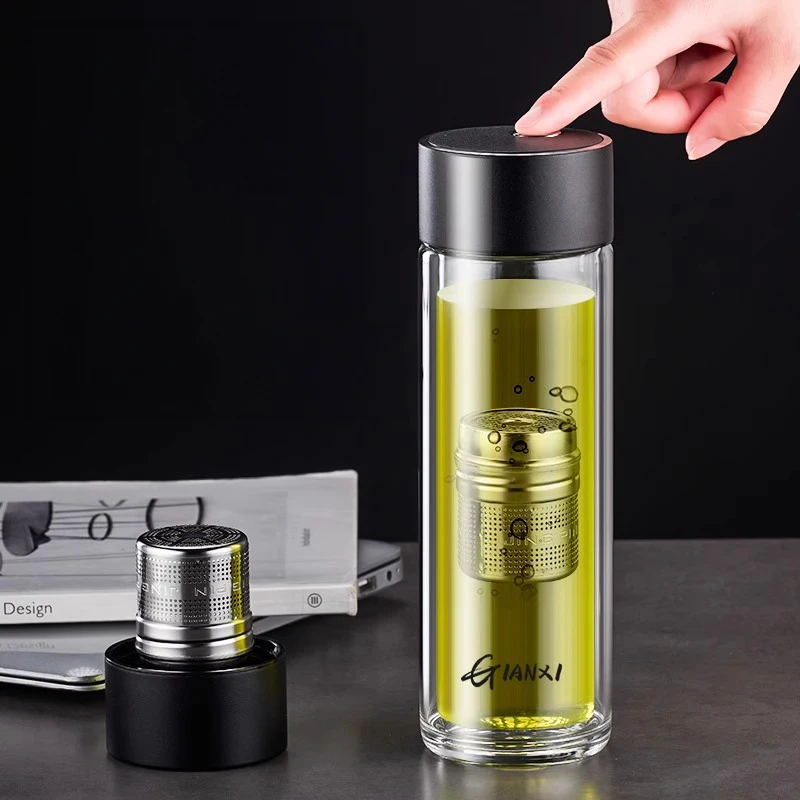Glass Water Bottle With Tea Strainer and Magnetic Cup Lid Heat ...