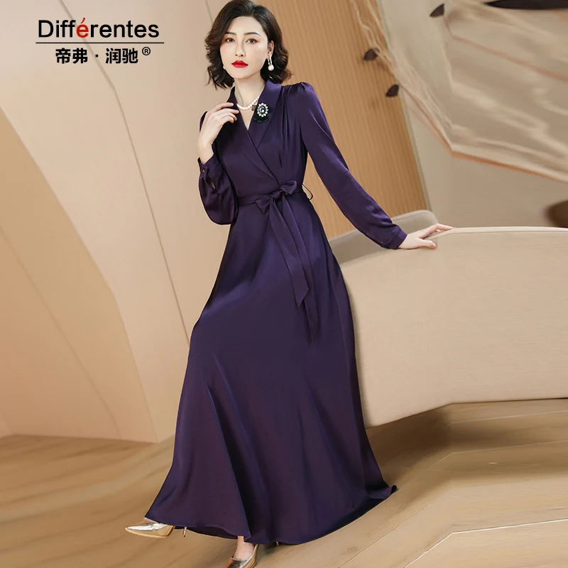Spring-Autumn-Women-Purple-Satins-Dresses-Long-Sleeve-V-Neck-Evening ...