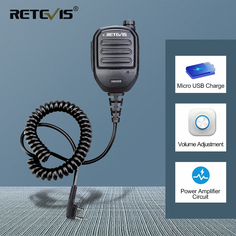 Retevis HK008 2Pin Rechargeable Microphone Mic Speaker Volume PTT Tangent For Baofeng UV 5R ...