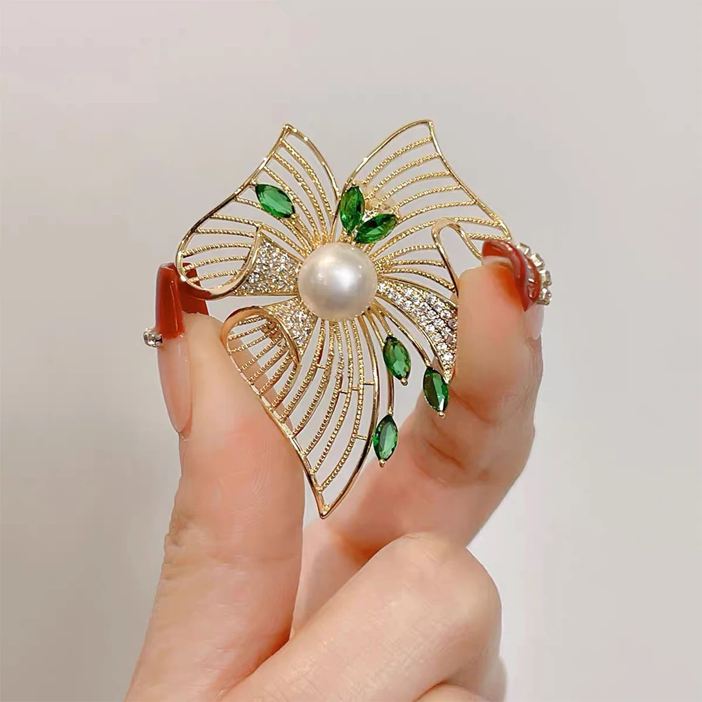 Vintage-Hollow-Leaf-Pearl-Brooches-For-Women-Green-Color-Crystal ...