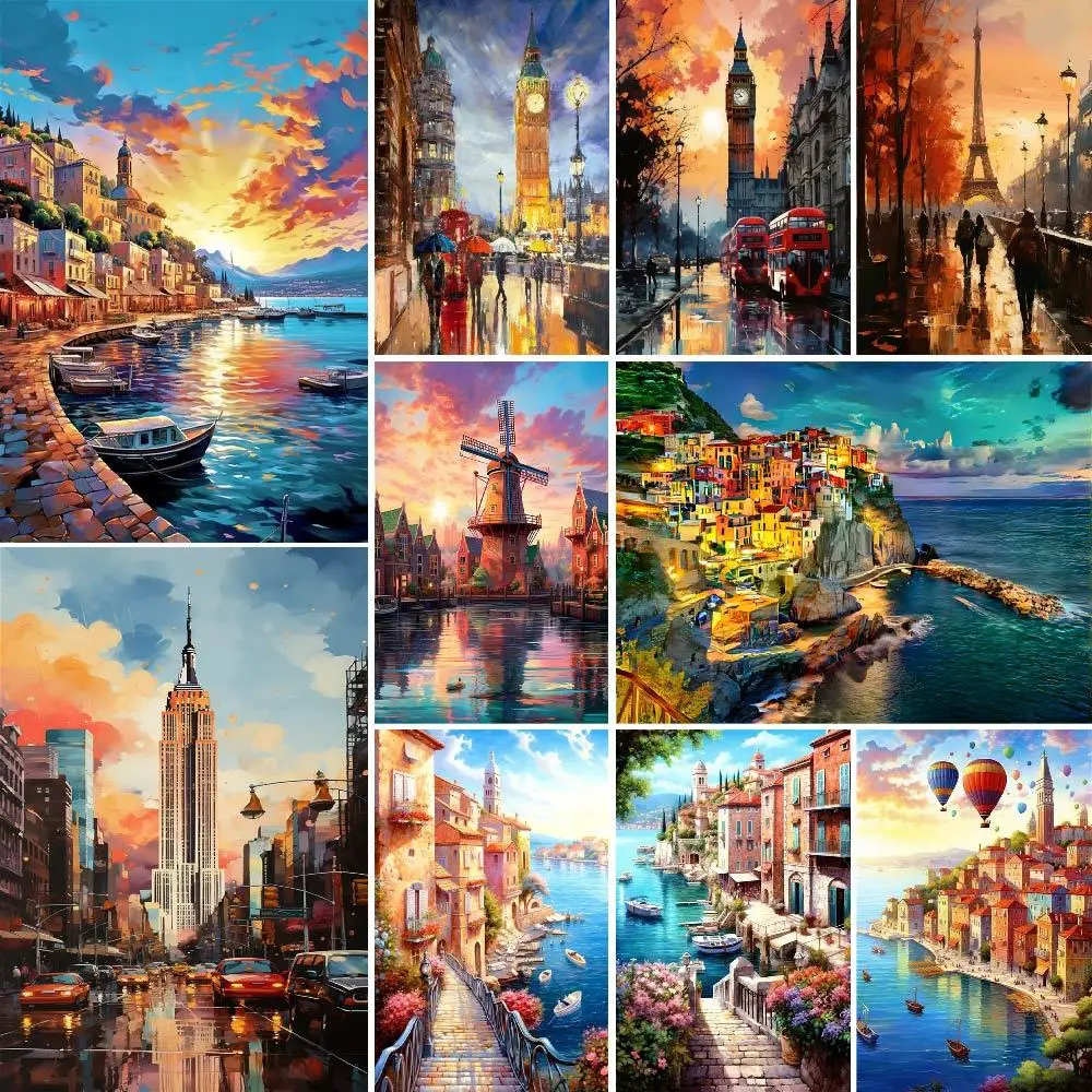 Adults-Oil-Painting-By-Numbers-Kits-Sunset-Building-Acrylic-Paint-With ...