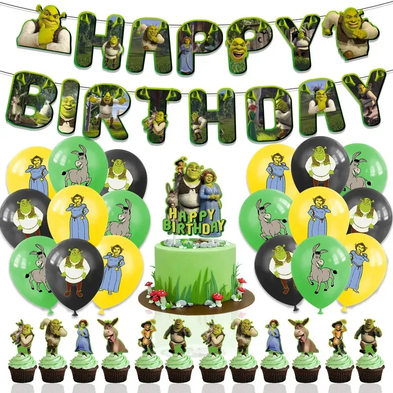 1set Cartoon Monster Shrek Kids Green Happy Birthday Flags Decoration ...