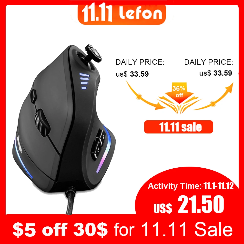 ZELOTES Vertical Gaming Mouse Wired RGB Ergonomic USB Optics Mouse ...