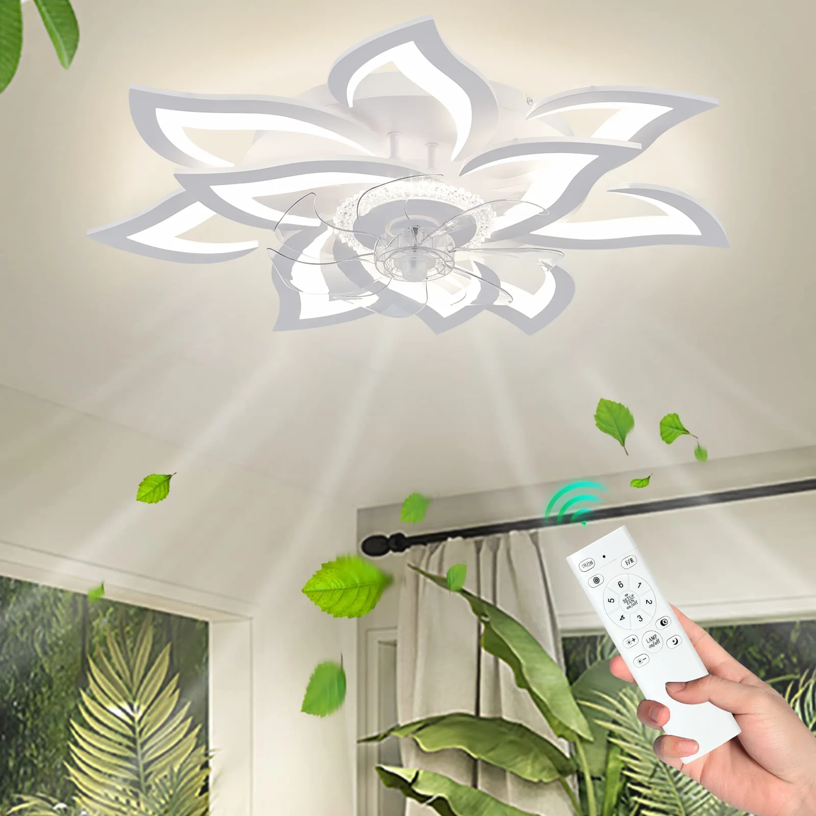Creative Flower Shape Ceiling Fan Light Living Room Lotus Ceiling Lamp ...
