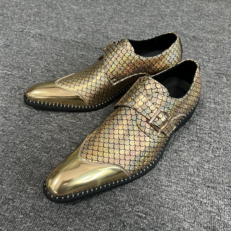 Gold-Shoes-for-Men-Wedding-Loafers-Pointed-Toe-Buckle-Strap-Silver ...