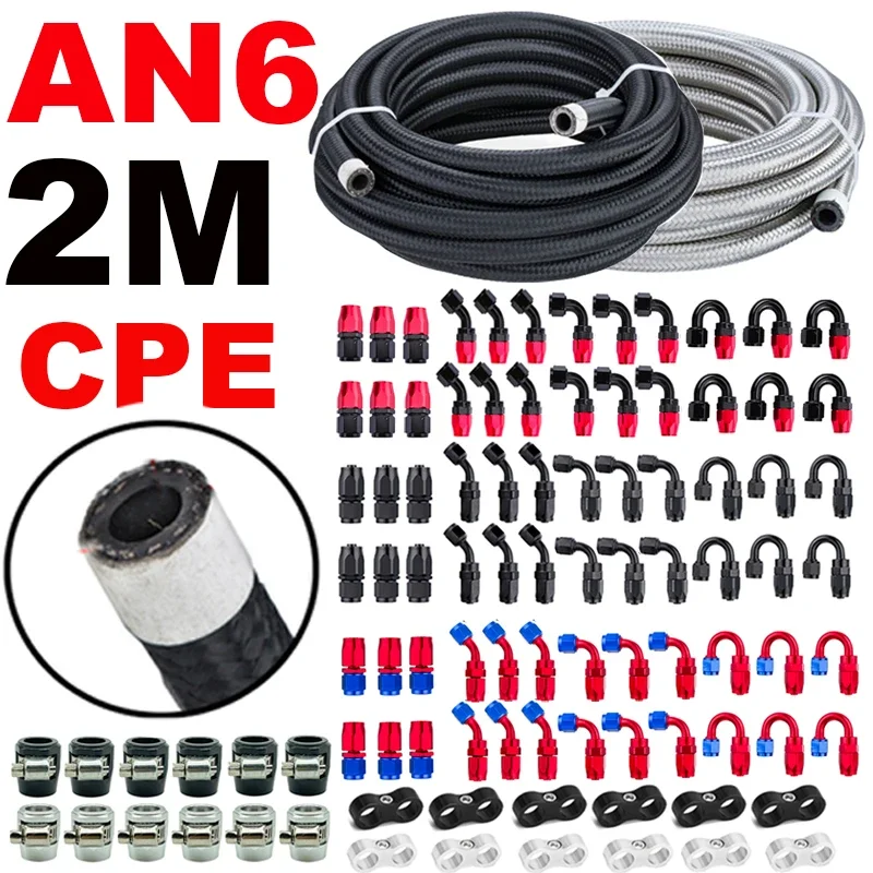 2M/6.56FT AN6 6AN Fuel Hose Oil Gas Line Nylon Steel Braided CPE Rubber ...