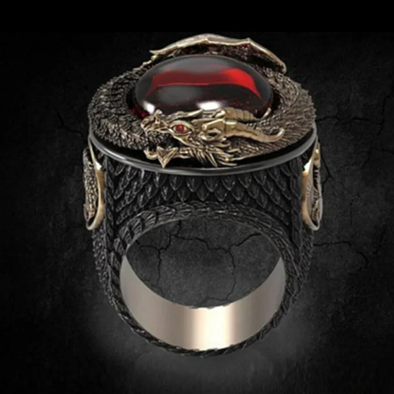 Dragon-Grain-Red-Zircon-Ring-For-Men-Delicate-Black-Dragon-Alloy-Finger ...