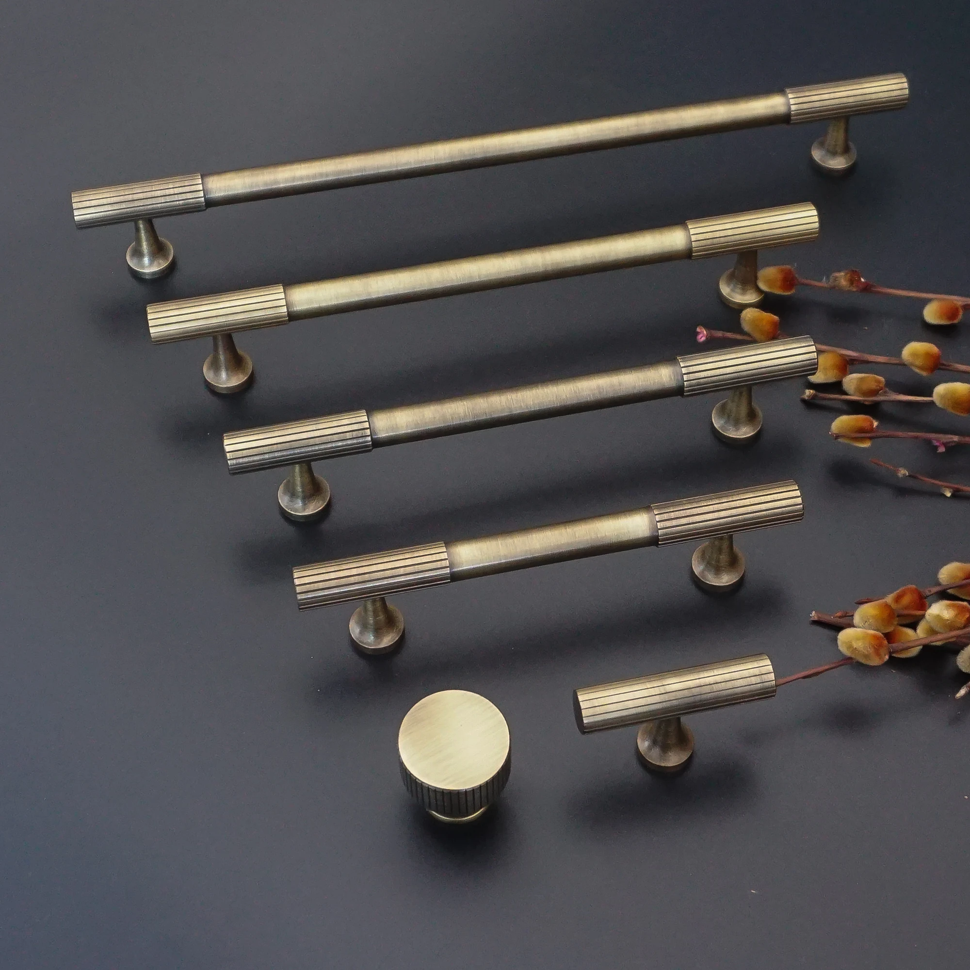 Antique-Bronze-Cabinet-Handles-Solid-Brass-Linear-Knurled-Furniture ...