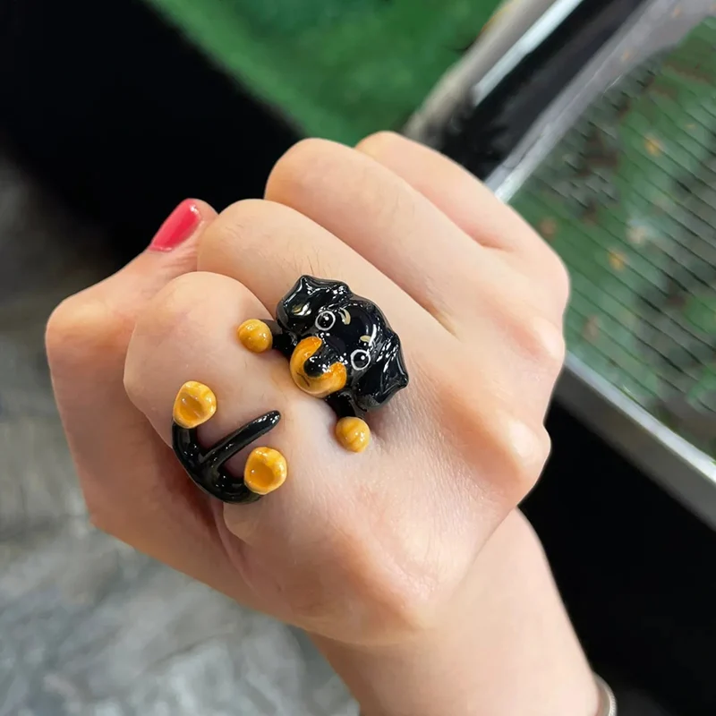 Cartoon-Glazed-Cute-Black-Brown-Dachshund-Dog-Rings-For-Women-Men ...