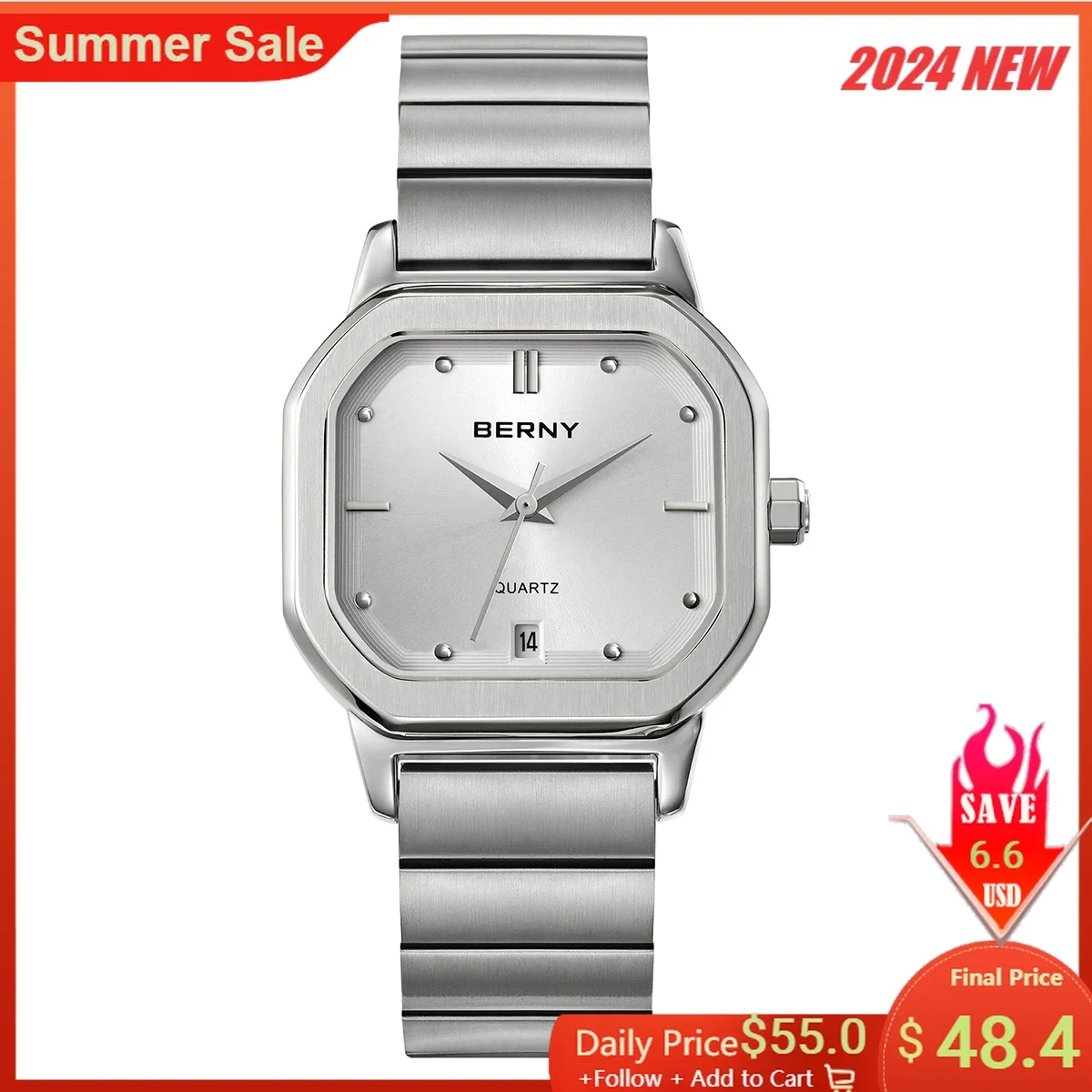 BERNY-Watches-for-Men-Calendar-Date-Full-Stainless-Steel-Square-Quartz ...