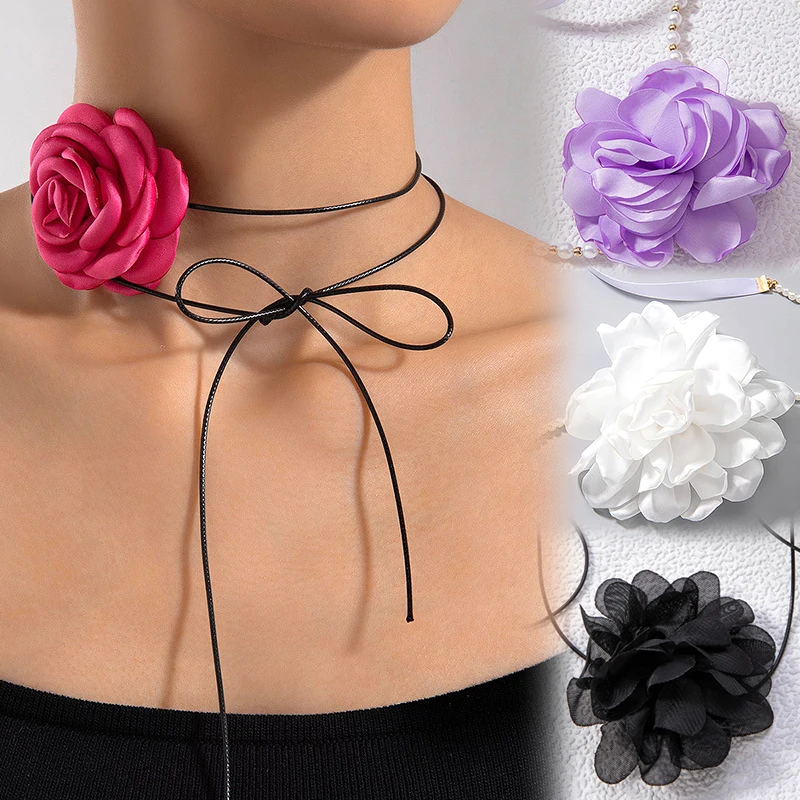 Women-Rose-Flower-Necklace-Big-Flower-Choker-Adjustable-Neck-Chain ...