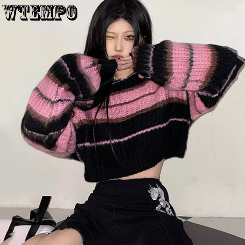 원 숄더 블랙 핑크 스트라이프 스웨터 여성용 짧은 오프 숄더 긴 소매 탑 Y2k 느슨한 풀오버 섹시한 니트 스웨터 라운드 펑크