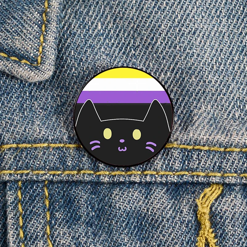Non Binary Pride cat Pin Custom cute Brooches Shirt Lapel teacher tote ...