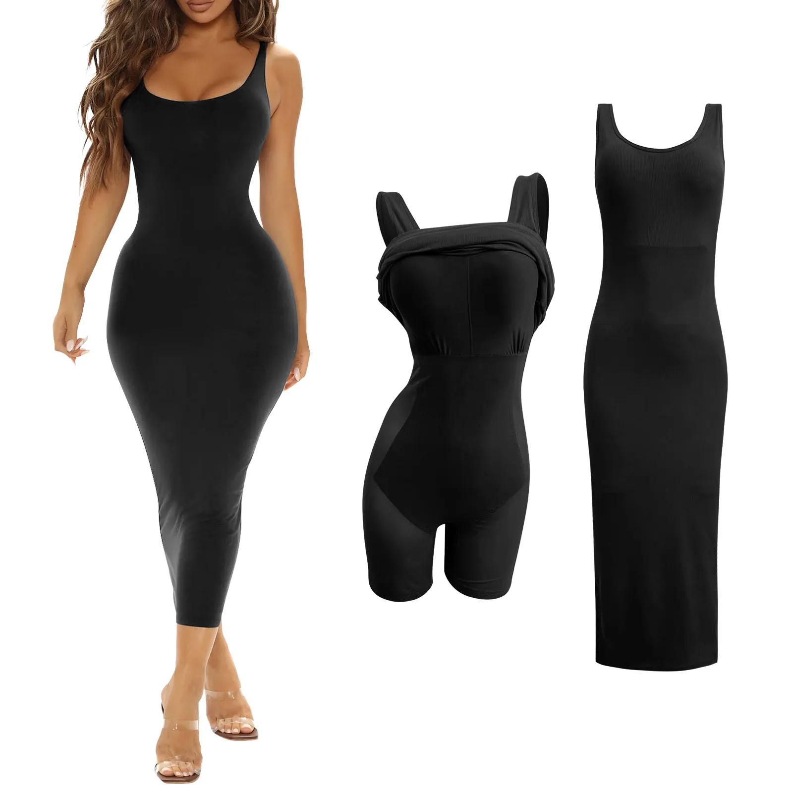 Solid-Square-Neck-Strap-Long-Dress-Body-Shaper-Bodycon-Bodysuit ...