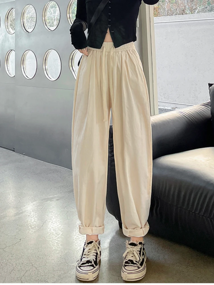 100 코튼 여성용 하렘 팬츠 하이 웨이스트 한국 배기 빈티지 스포츠 레이스 업 발목 길이 루즈 블랙 오버 사이즈 팬츠 여성용 하렘 팬츠 한국 스타일 팬츠