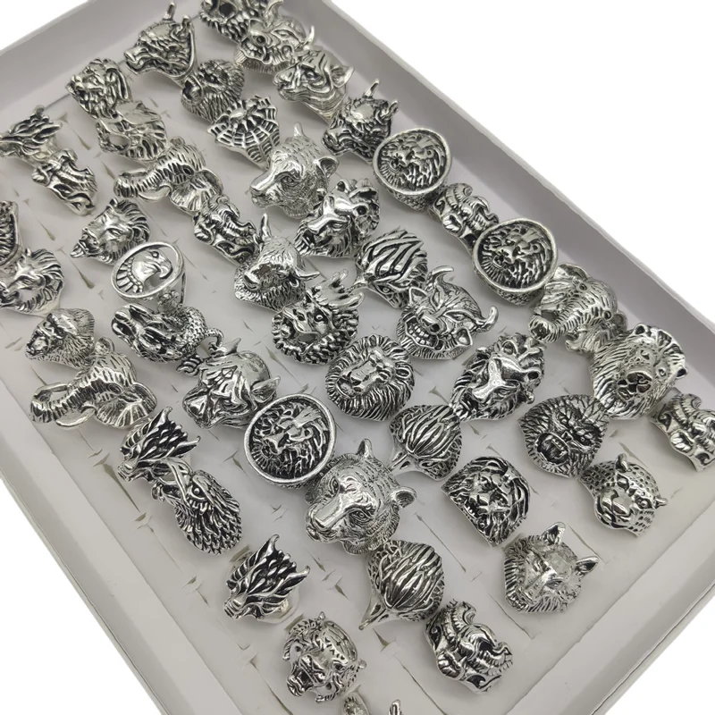 30pcs/Lot Wholesale Animal Finger Rings For Men Big Lion Elephant Alloy ...