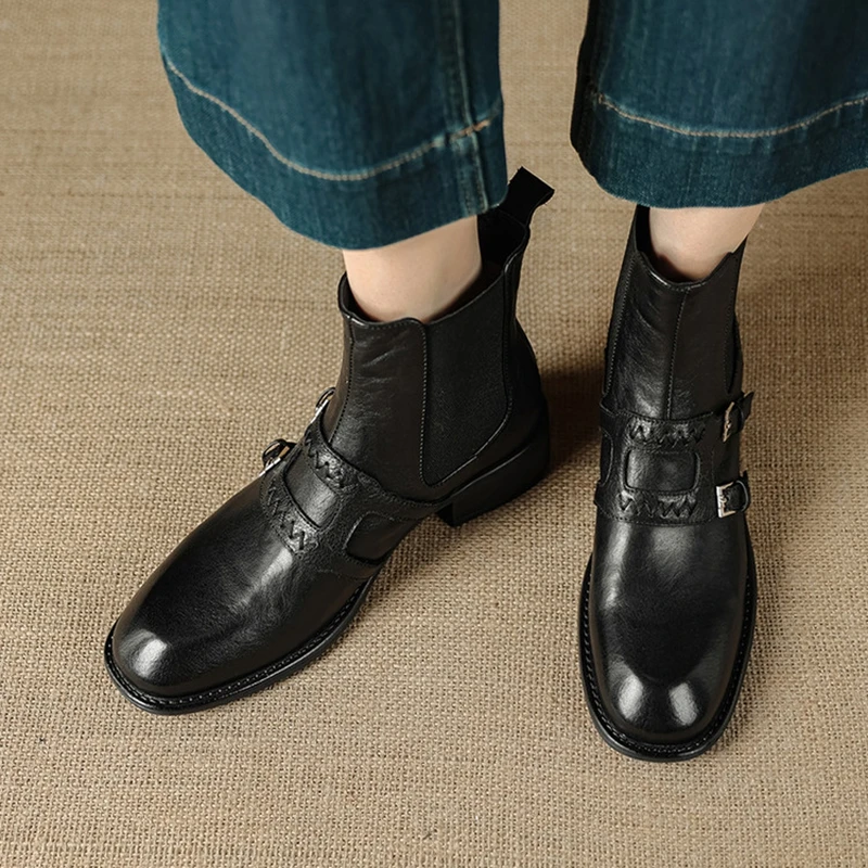 Bottes Chelsea en cuir véritable pour femme, chaussures à bout rond et ...